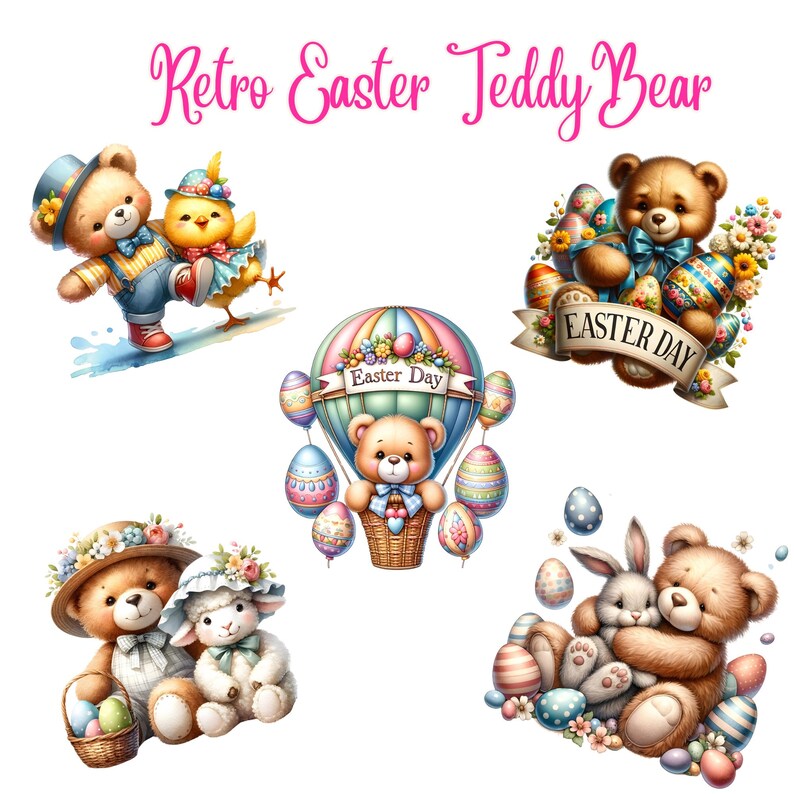 Watercolor Retro Easter Teddy Bear Clipart, Easter PNG, Easter Basket ...