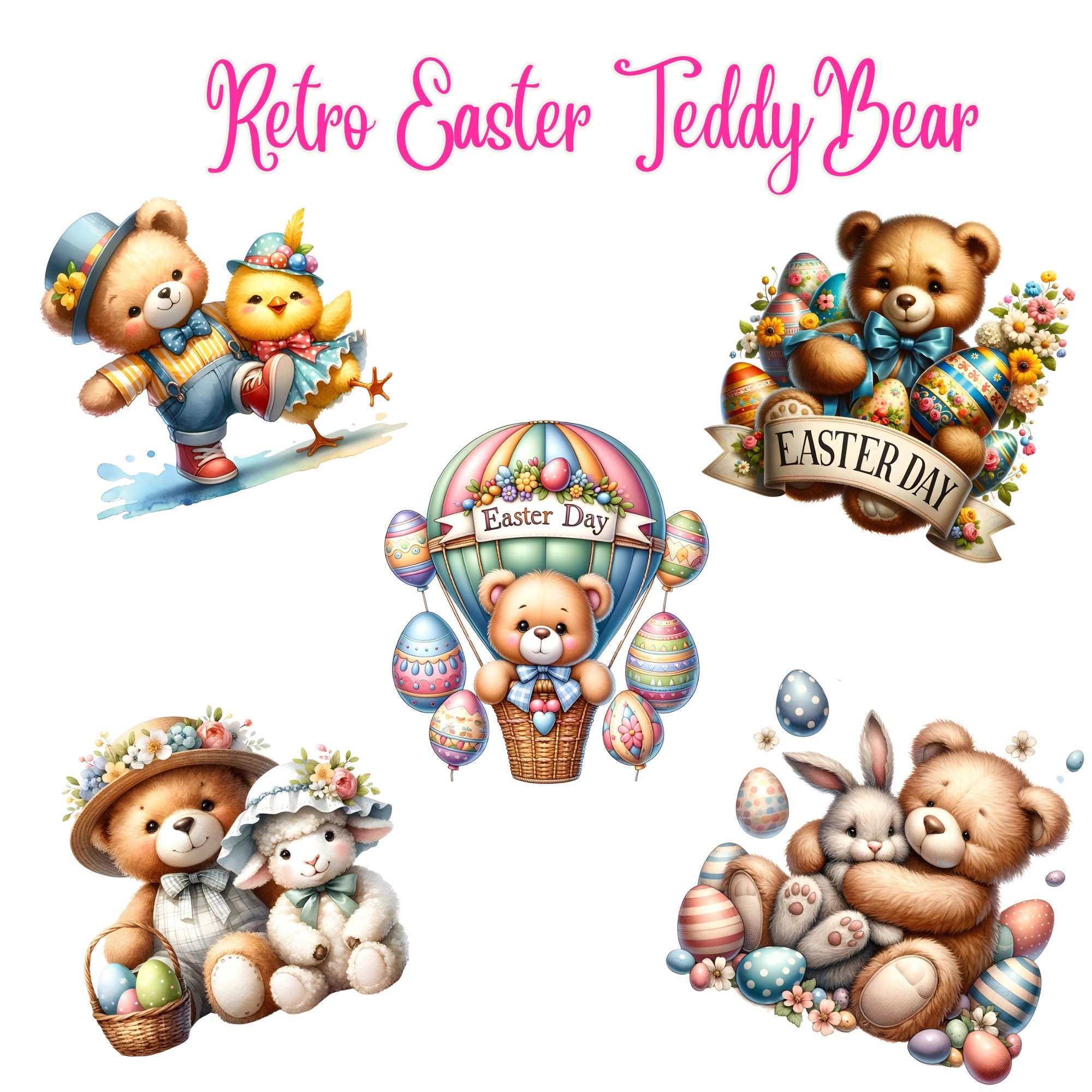 Watercolor Retro Easter Teddy Bear Clipart, Easter PNG, Easter Basket ...