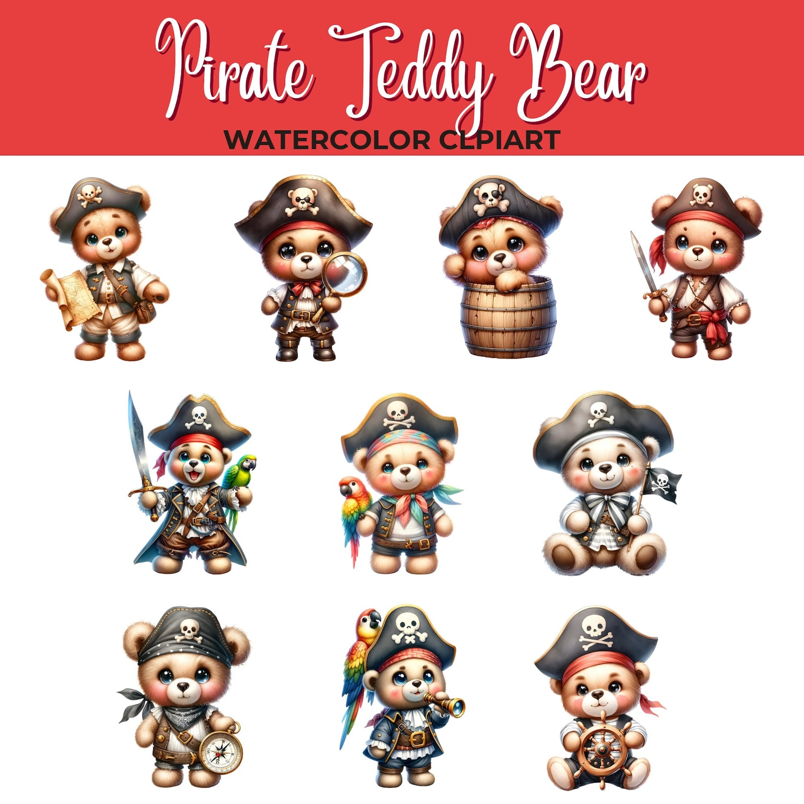 Watercolor Pirate Teddy Bear Clipart: Nursery PNG (digital Download) - Etsy