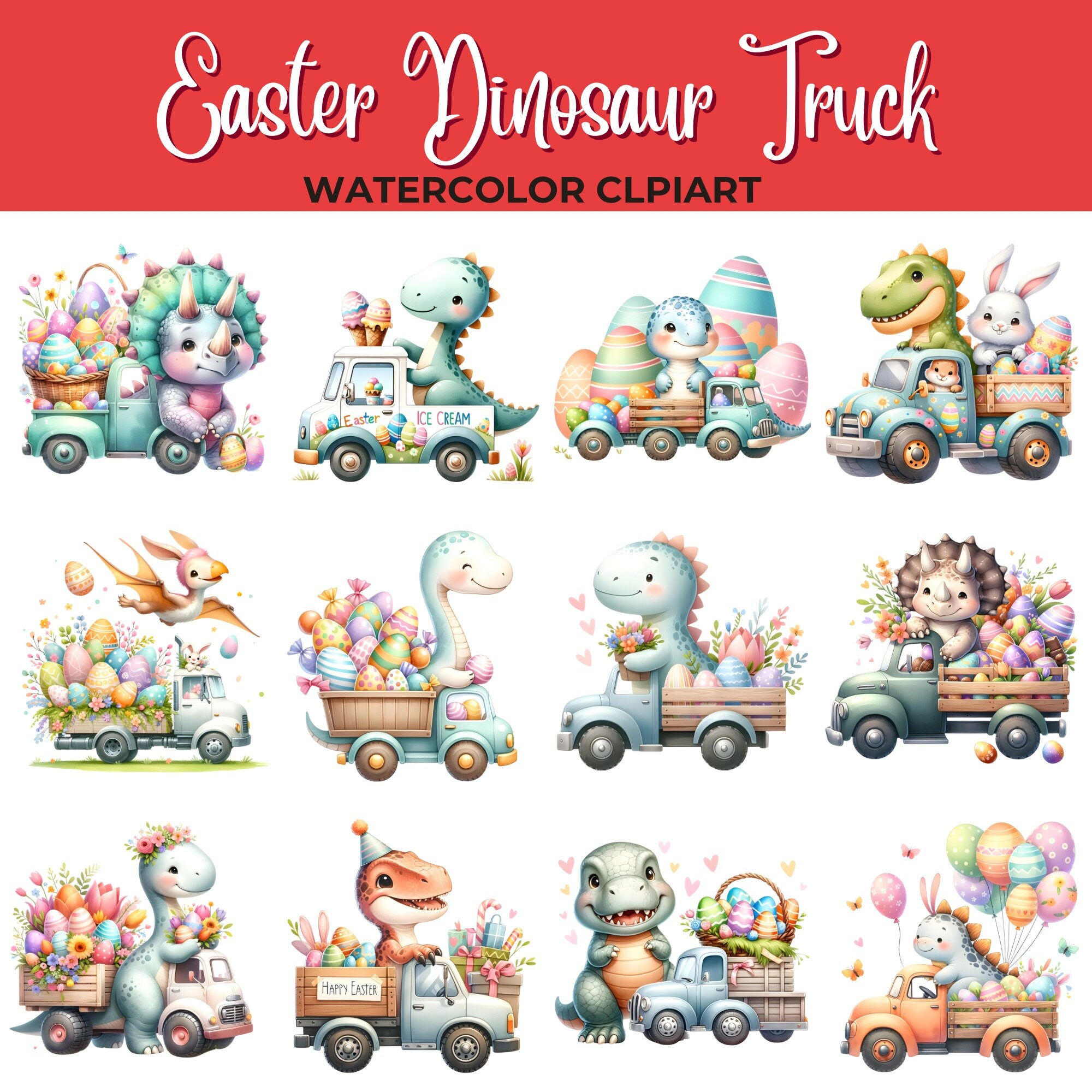 Watercolor Easter Dinosaur Clipart, Easter PNG, Dinosaur Construction ...