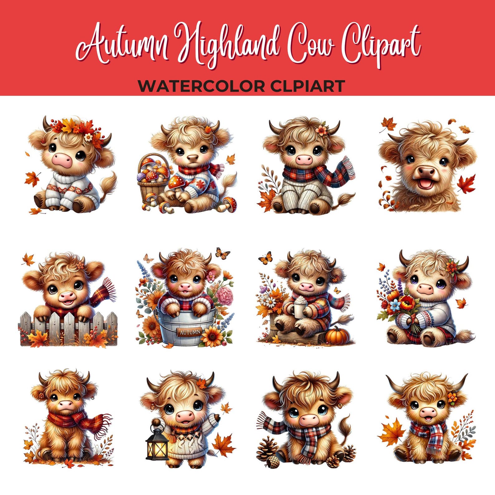 Watercolor Autumn Highland Cow Clipart, Cute Fall Highland Cow PNG ...