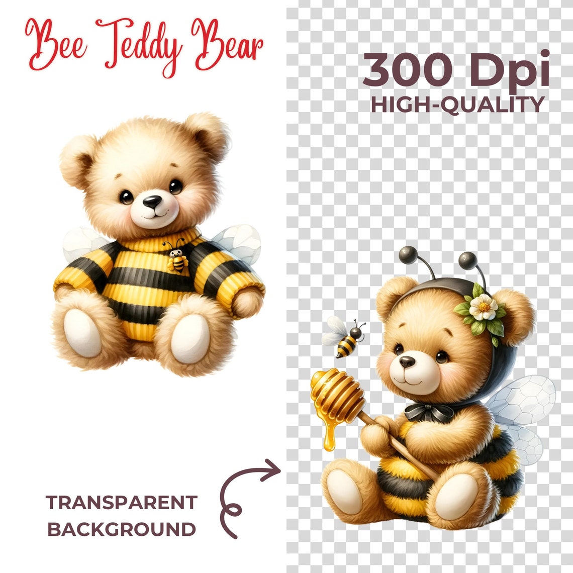 Watercolor Honeybees Teddy Bear Clipart, Teddy Bear PNG, Honeybees ...