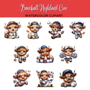 Watercolor Baseball Highland Cow Clipart, Baby Highland Cow PNG, Summer ...