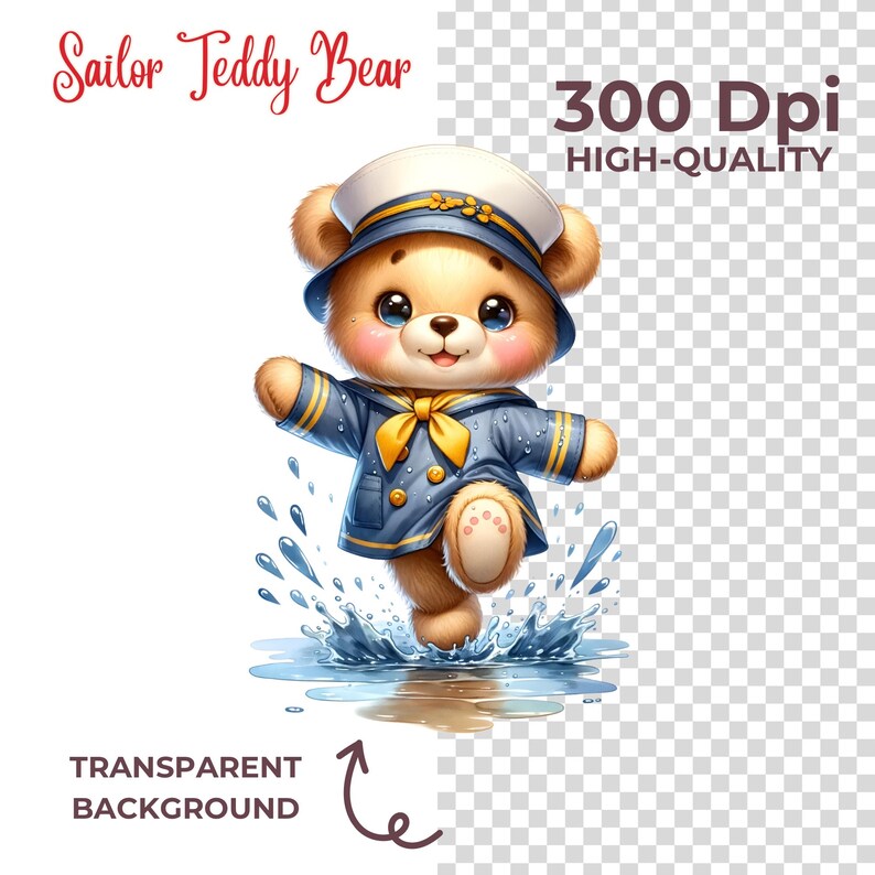 Watercolor Sailor Teddy Bear Clipart: Nautical Nursery PNG (digital ...