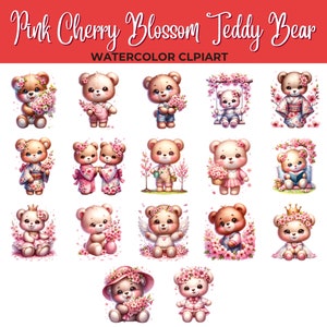 Watercolor Pink Cherry Blossom Teddy Bear Clipart, Teddy Bear PNG ...