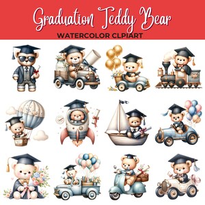 Watercolor Graduation Teddy Bear Clipart: 24 PNG Images (commercial Use ...