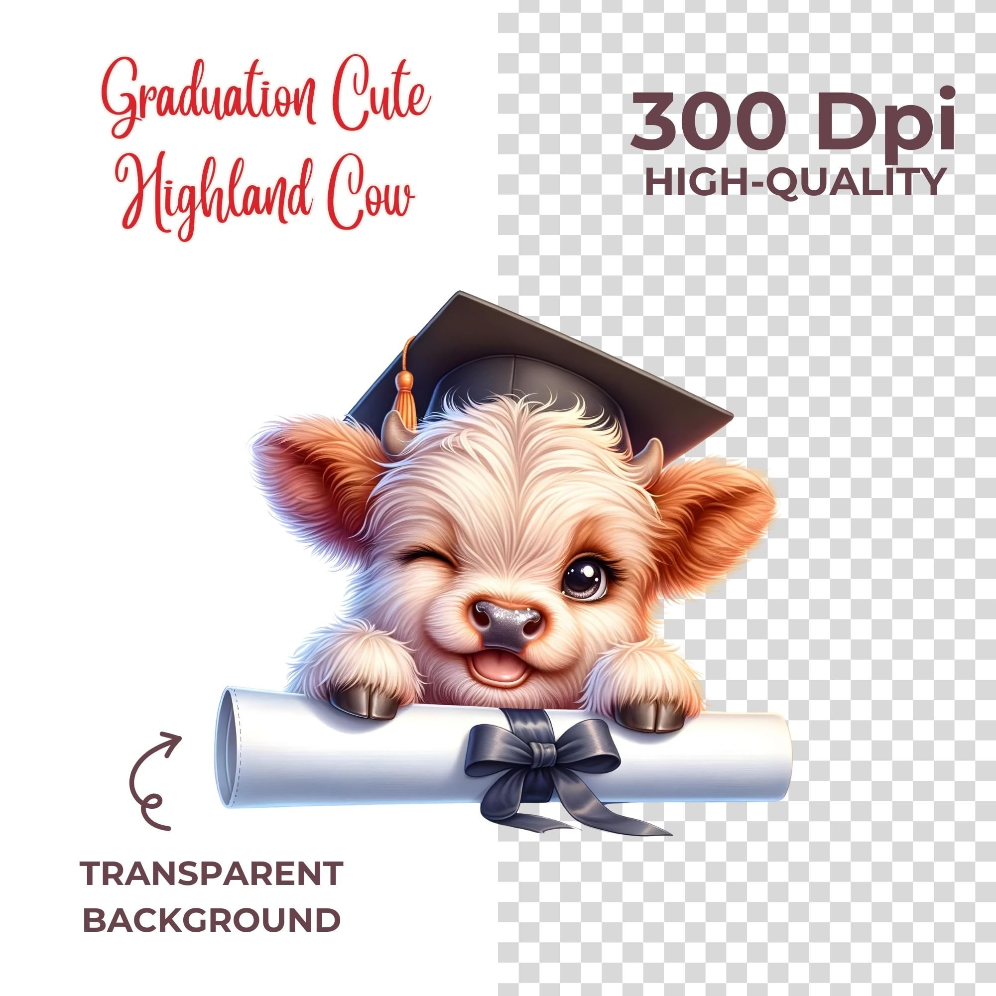 Watercolor Graduation Highland Cow Clipart: 24 PNG Images (3000x3000px ...