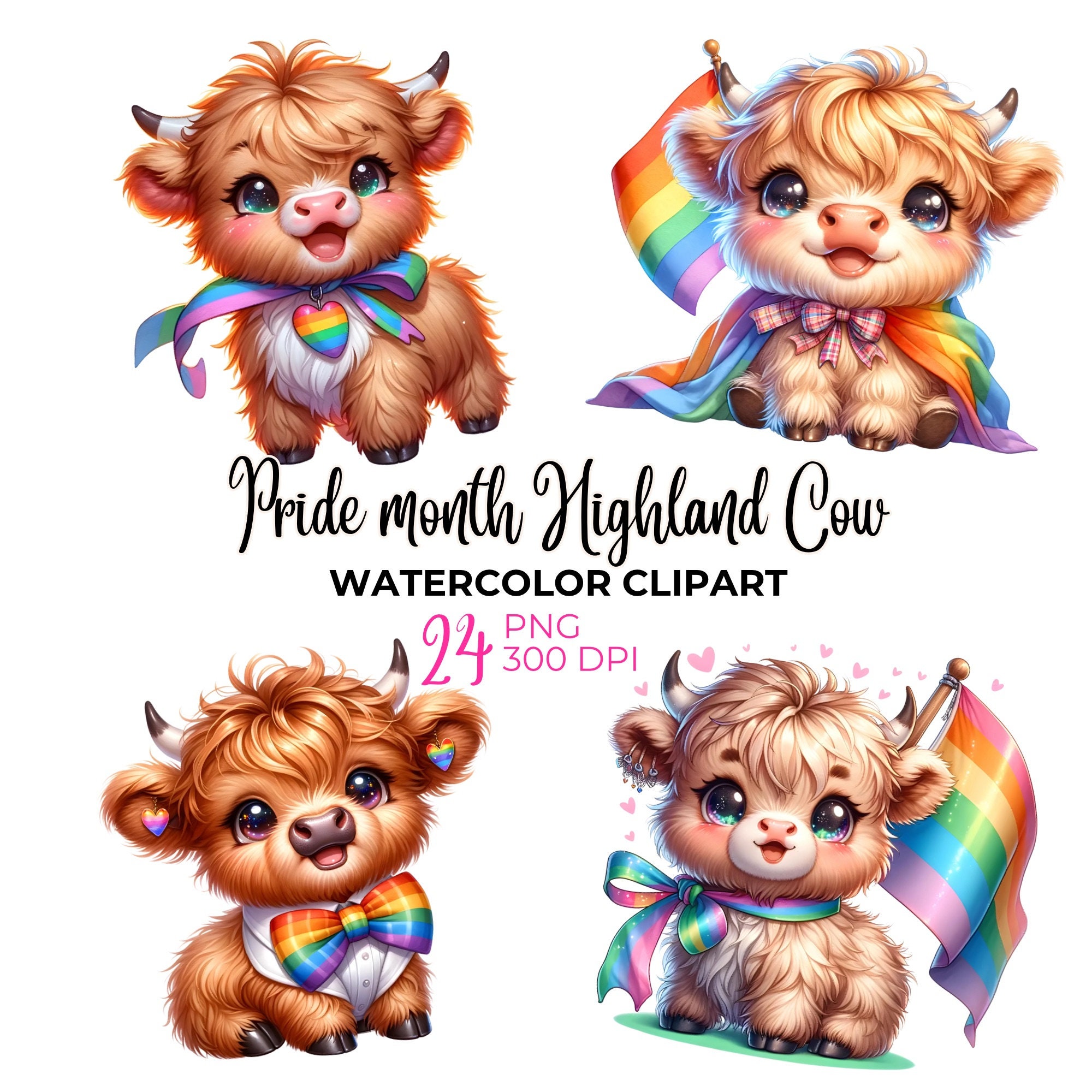 Watercolor LGBTQ Pride Month Highland Cow Clipart, Baby Highland Cow ...