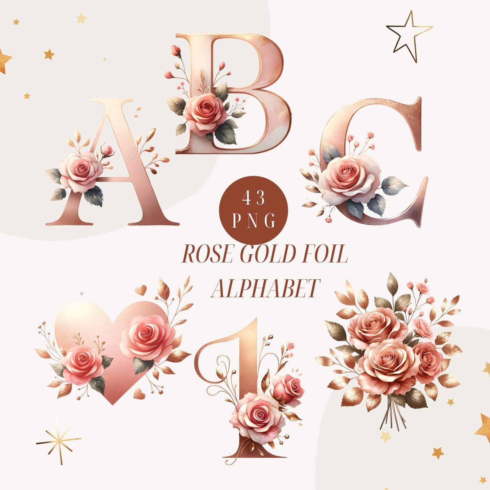 Rose Gold Floral Alphabet Clipart, Floral Letters PNG, Watercolor ...