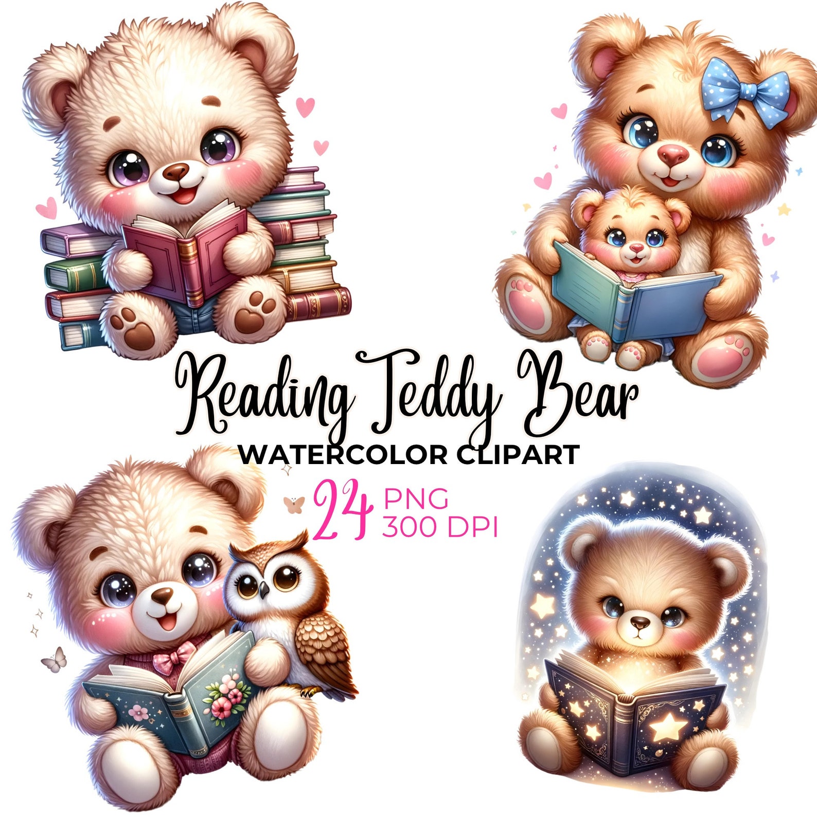 Watercolor Teddy Bear Reading Clipart, Teddy Bear PNG, World Book Day ...