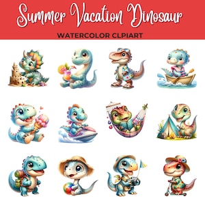 Watercolor Summer Vacation Dinosaur Clipart, Baby Dinosaur PNG, Summer ...