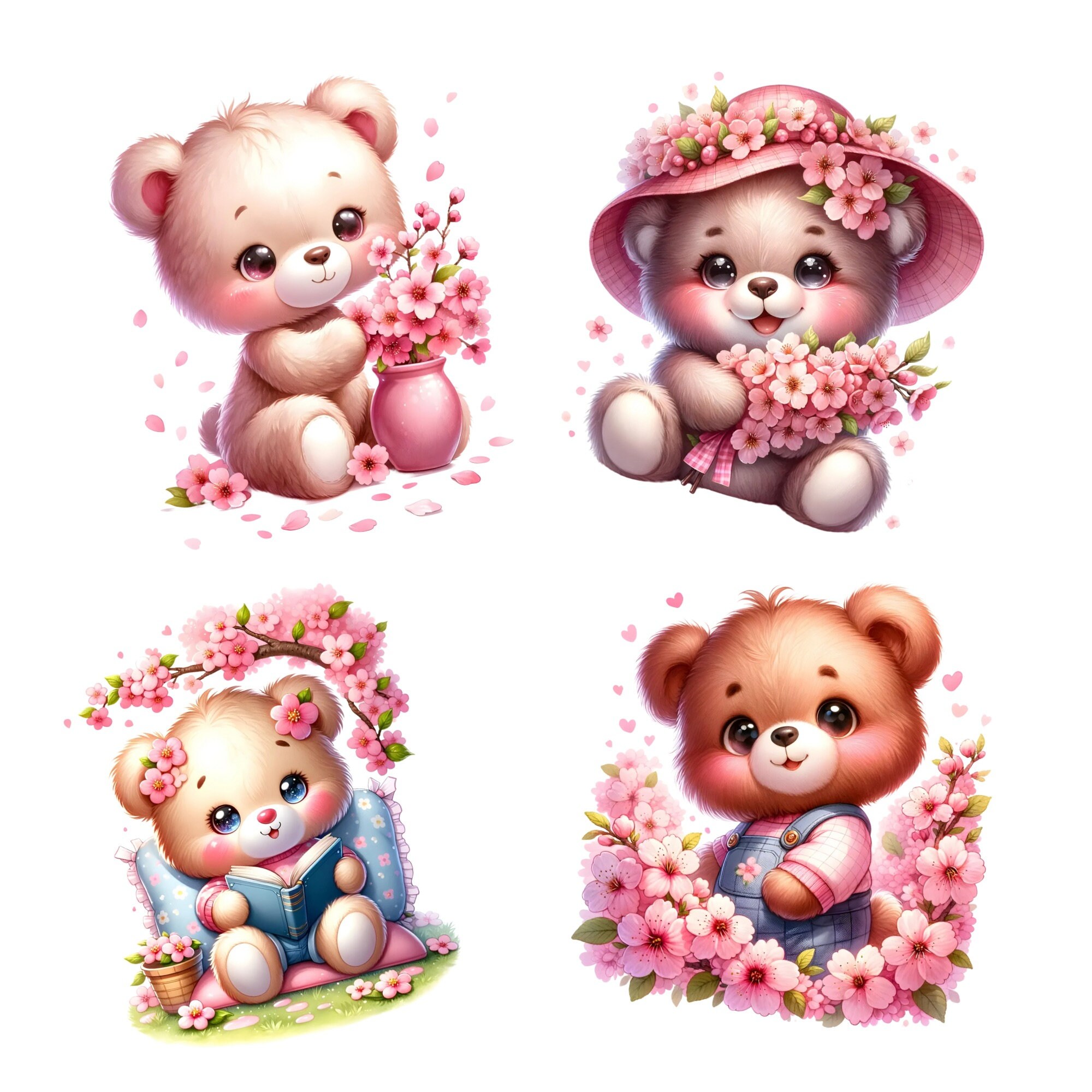 Watercolor Pink Cherry Blossom Teddy Bear Clipart, Teddy Bear PNG ...