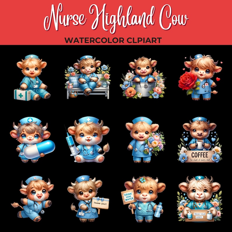 Watercolor Nurse Highland Cow Clipart: Baby Animal PNG (commercial Use ...