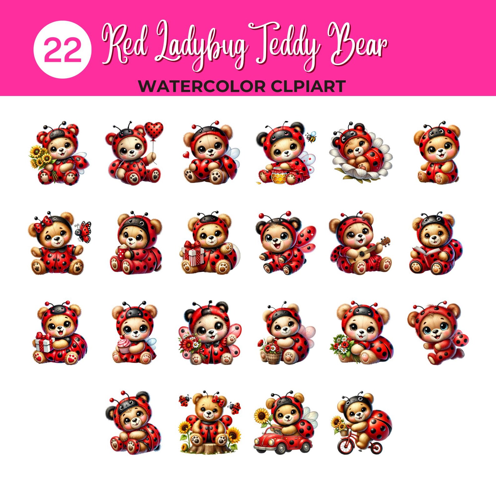 Watercolor Ladybug Teddy Bear Clipart Bundle: Nursery PNG (300 DPI) - Etsy
