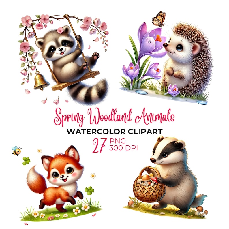 Watercolor Spring Animals Clipart, Cute Woodland Animals PNG, Baby ...