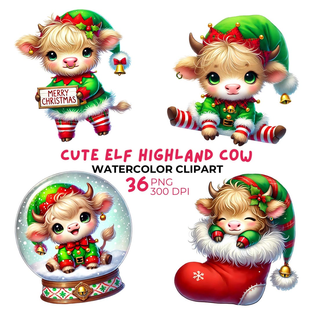 Elf Highland Cow Christmas Clipart: Watercolor PNG Set (commercial Use ...