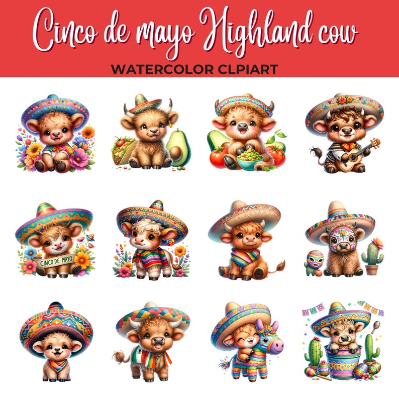 Watercolor Cinco De Mayo Highland Cow Clipart, Cute Highland Cow PNG ...