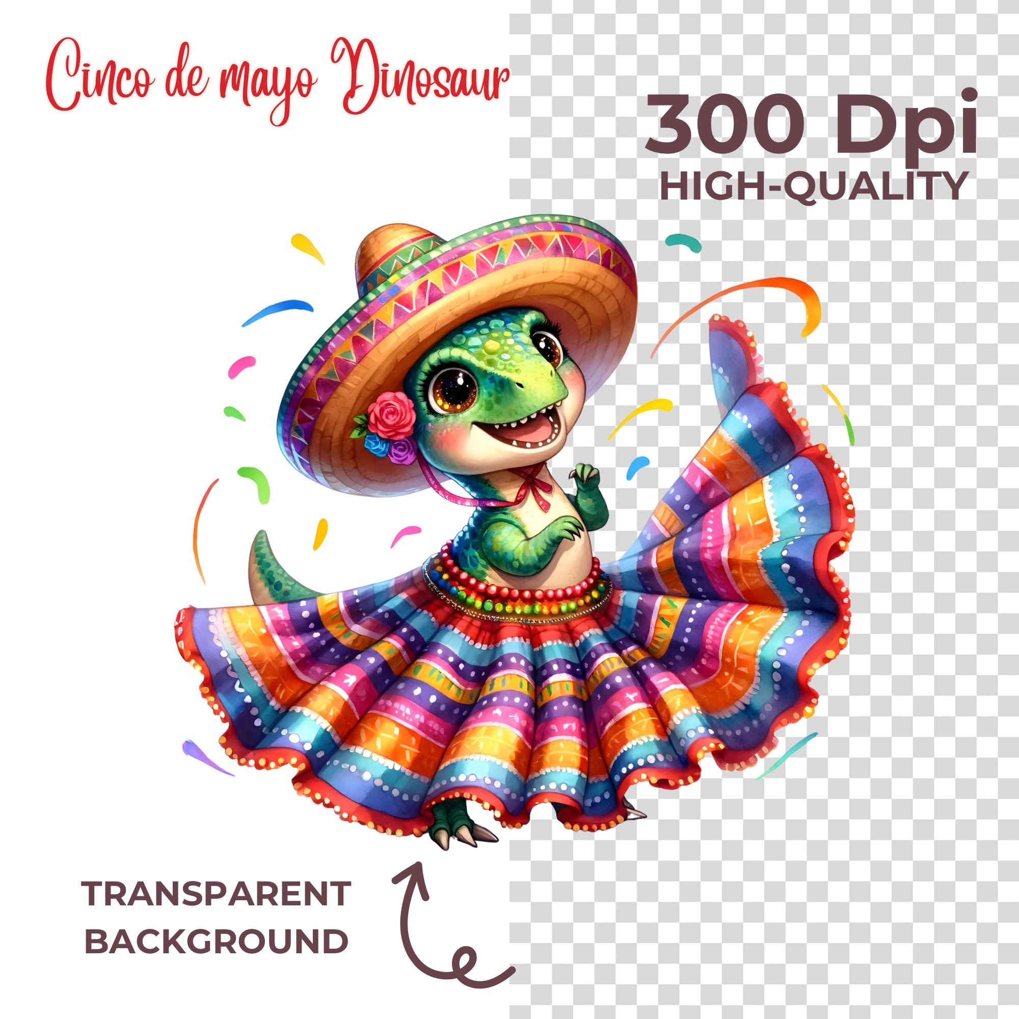Watercolor Cinco De Mayo Dinosaur Clipart: Festive PNG Set (digital ...