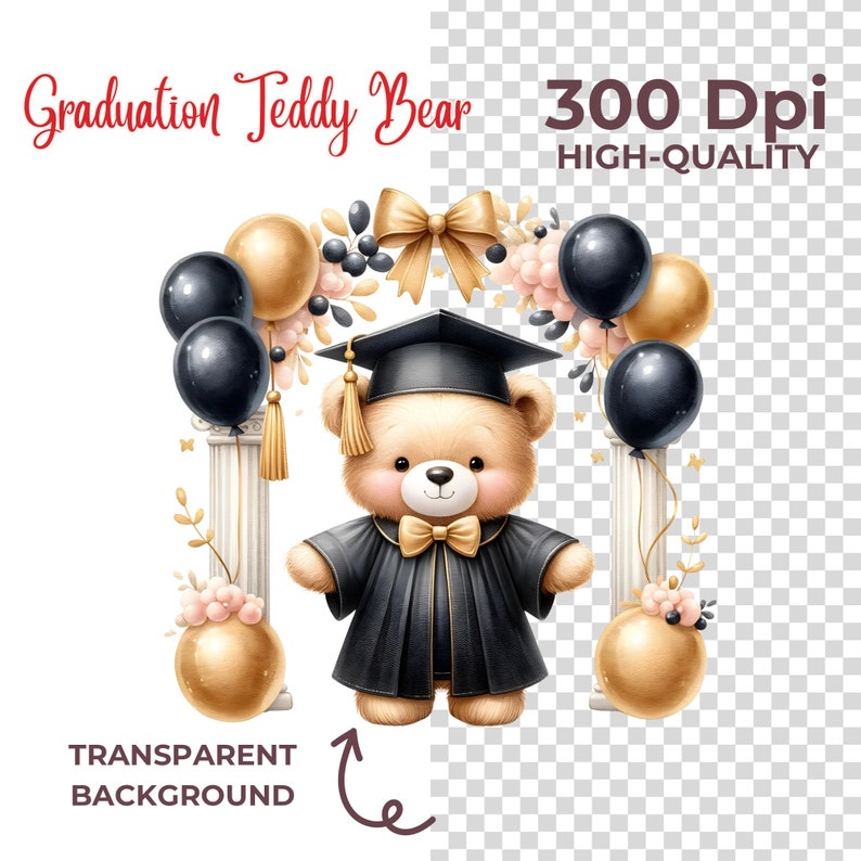 Watercolor Graduation Teddy Bear Clipart: 24 PNG Images (commercial Use ...