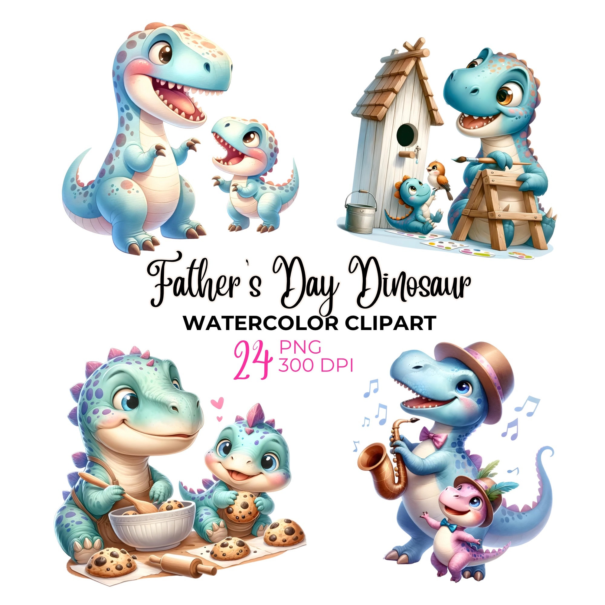 Watercolor Father's Day Dinosaur Clipart: 24 PNG Images (commercial Use ...