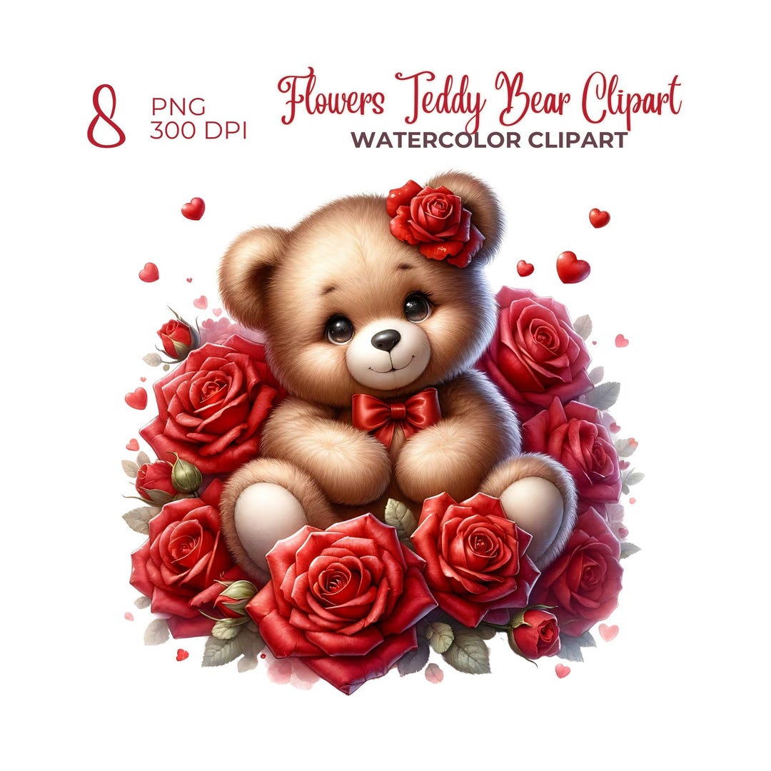 Watercolor Teddy Bear Clipart: Valentine Roses PNG (commercial Use) - Etsy