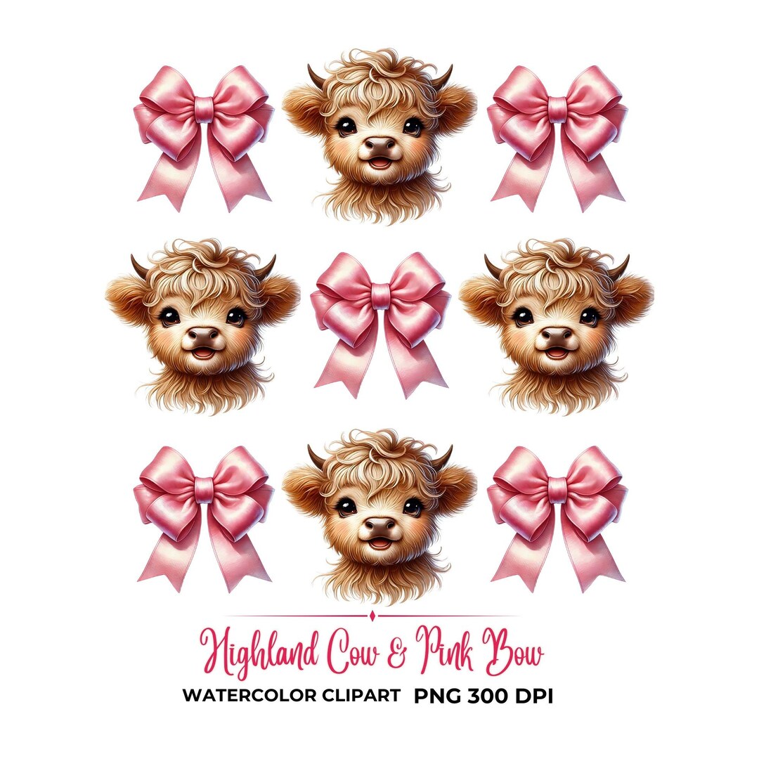 Watercolor Highland Cow and Pink Bow Clipart, Cute Highland Cow PNG ...