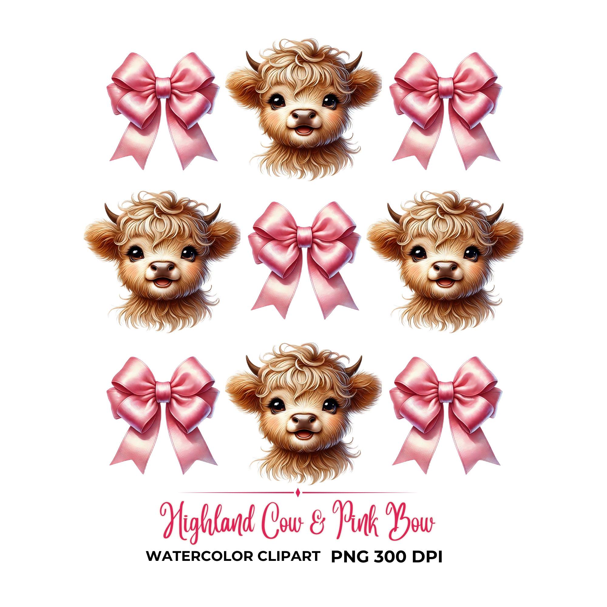 Watercolor Highland Cow and Pink Bow Clipart, Cute Highland Cow PNG ...