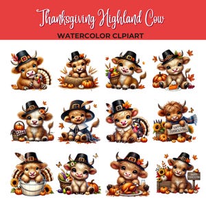 Watercolor Thanksgiving Highland Cow Clipart: Autumn Animals (PNG) - Etsy