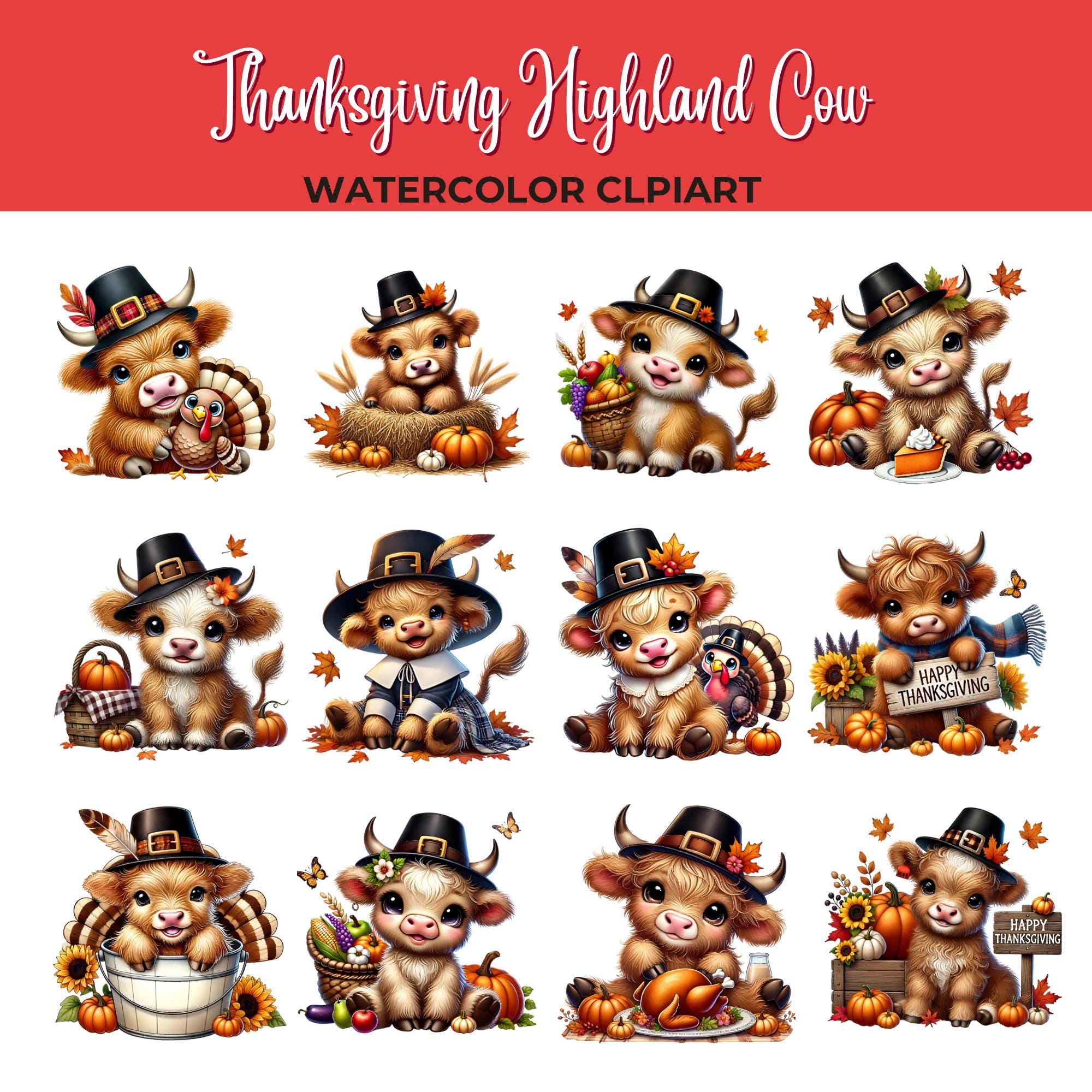 Watercolor Thanksgiving Highland Cow Clipart: Autumn Animals (PNG) - Etsy