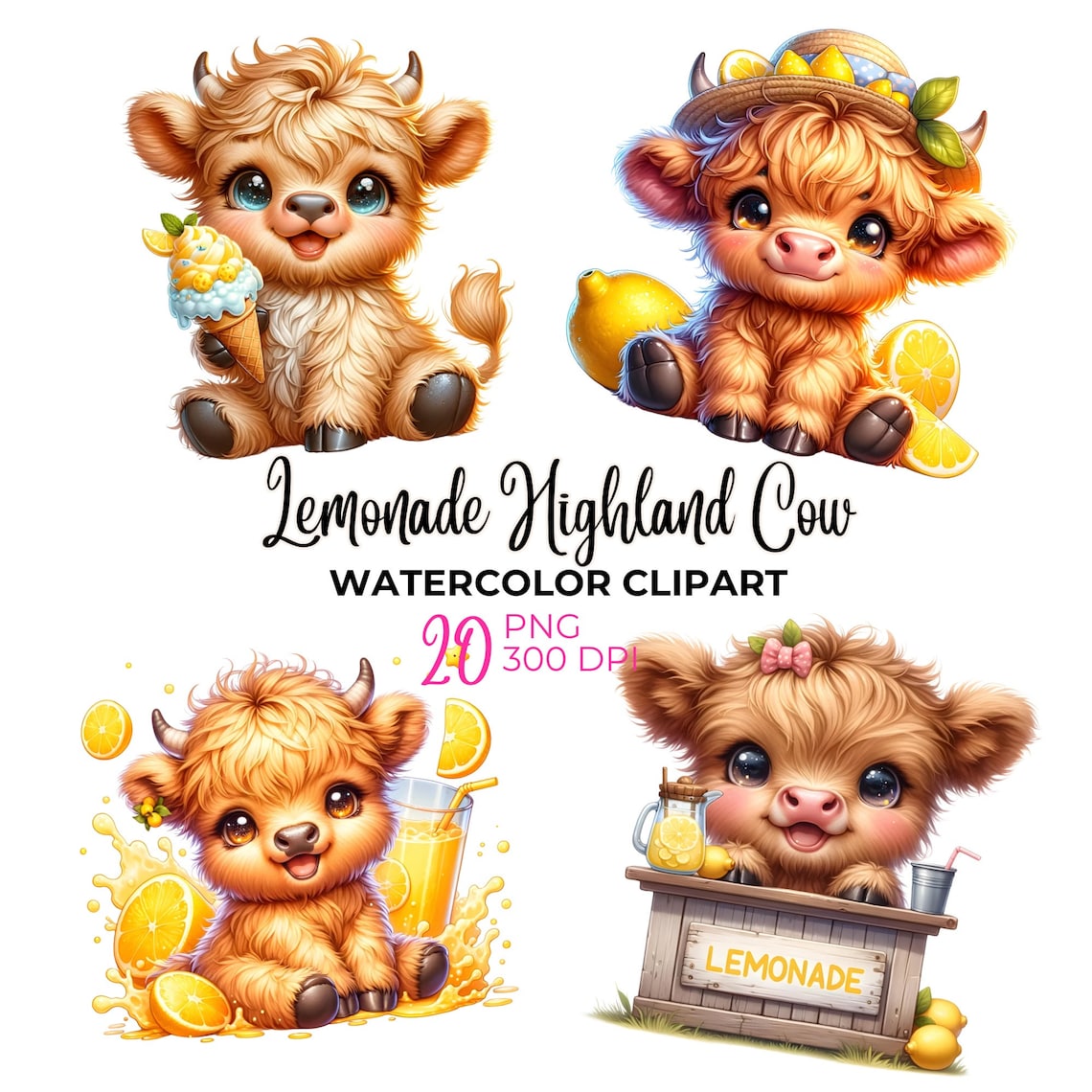 Watercolor Lemonade Highland Cow Clipart, Summer Baby Highland Cow PNG ...