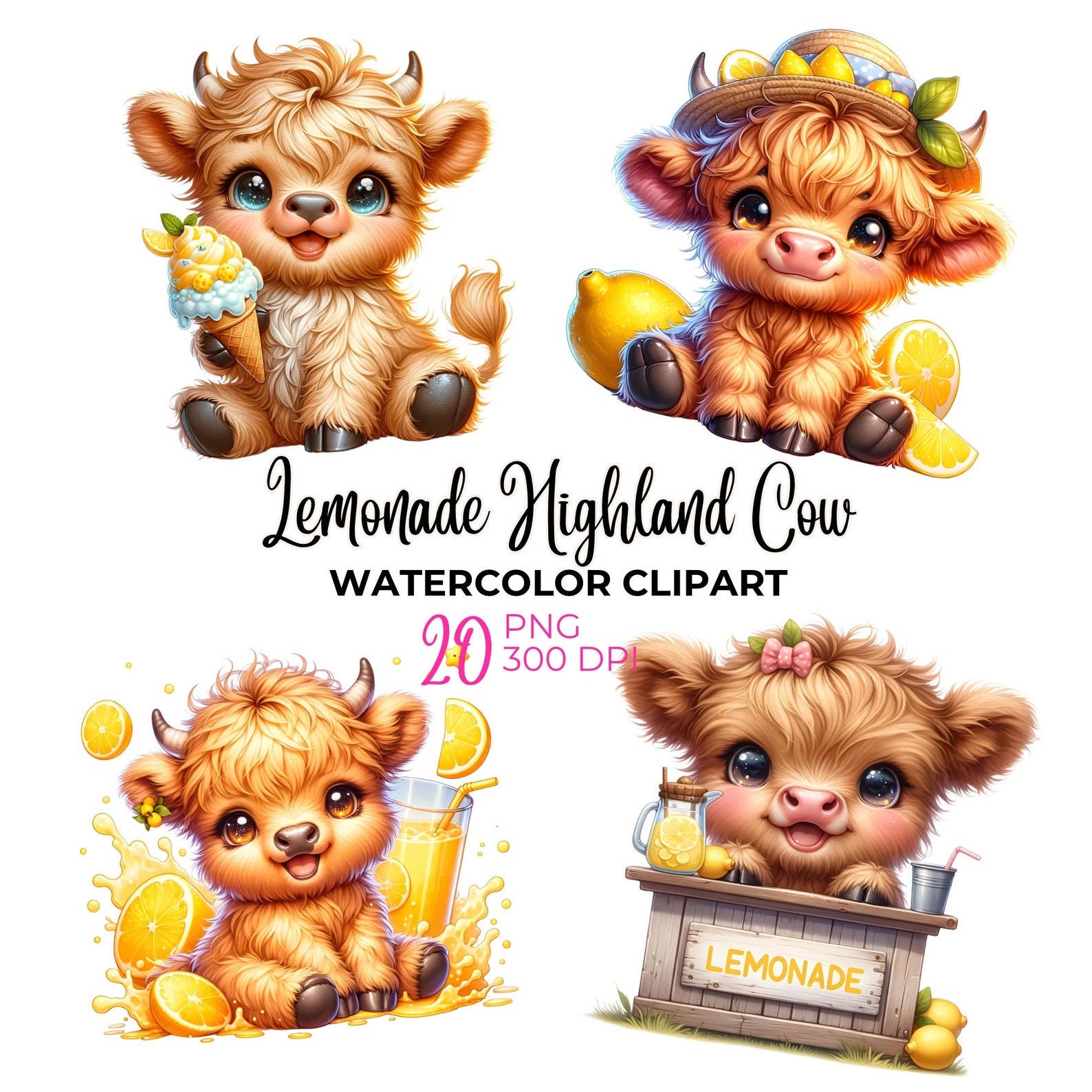 Watercolor Lemonade Highland Cow Clipart: Summer PNG (digital Download ...