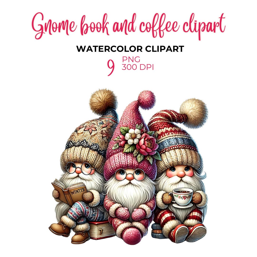 Watercolor Gnome Book and Coffee Clipart, Cute Gnome Clipart, Cozy ...
