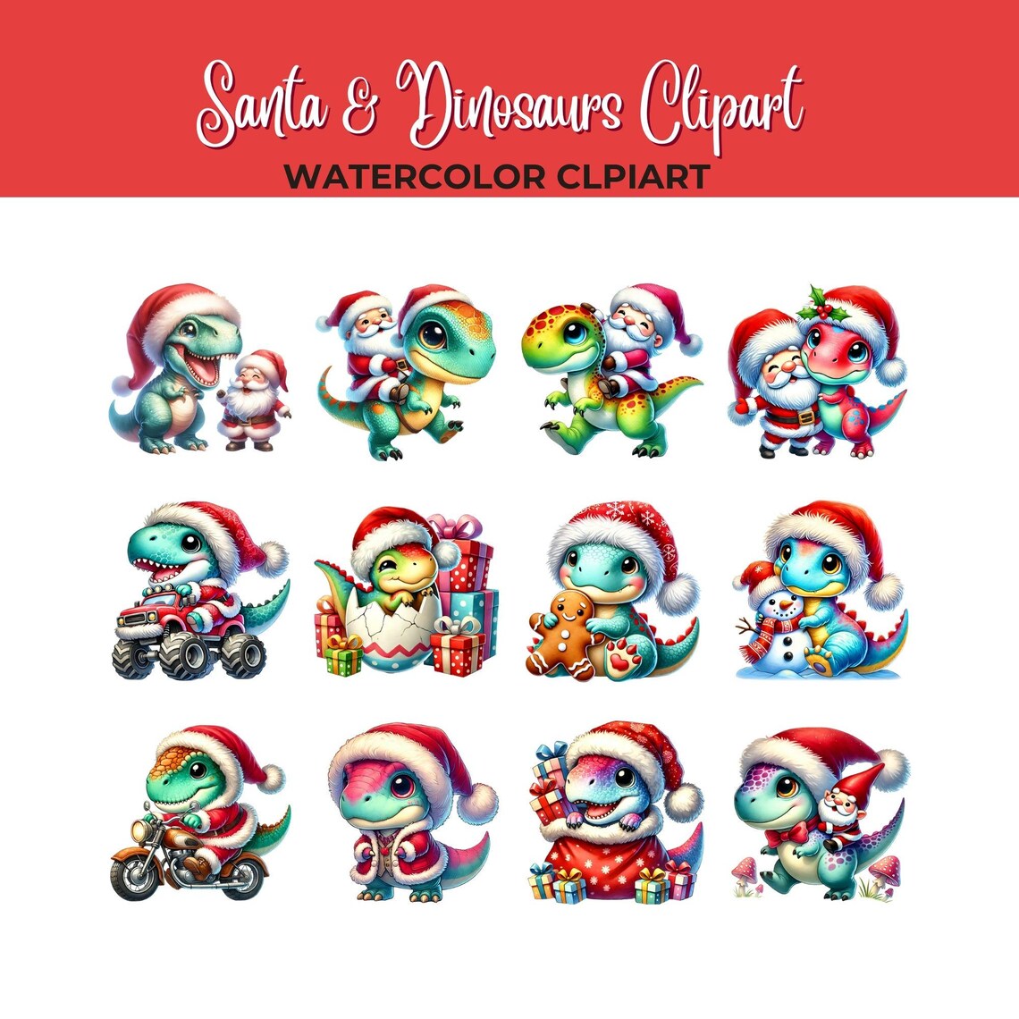 Watercolor Santa Dinosaur Clipart: Christmas Dino PNG (commercial Use ...