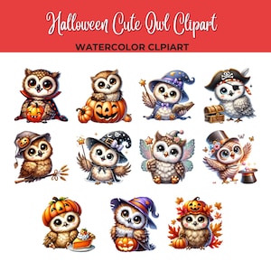 Watercolor Halloween Owl Clipart, Cute Jack-o-lantern PNG (commercial ...