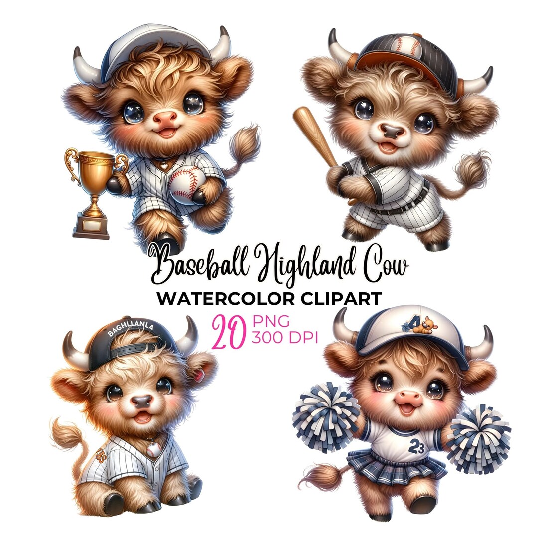 Watercolor Baseball Highland Cow Clipart, Baby Highland Cow PNG, Summer ...
