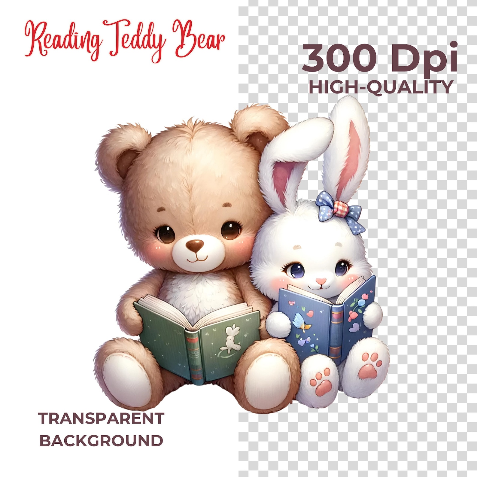 Watercolor Teddy Bear Reading Clipart, Teddy Bear PNG, World Book Day ...