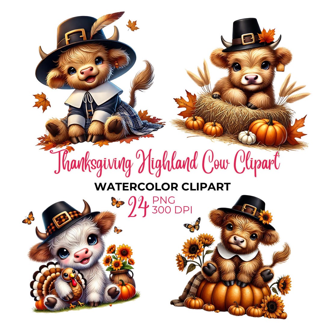 Watercolor Thanksgiving Highland Cow Clipart: Autumn Animals (PNG) - Etsy
