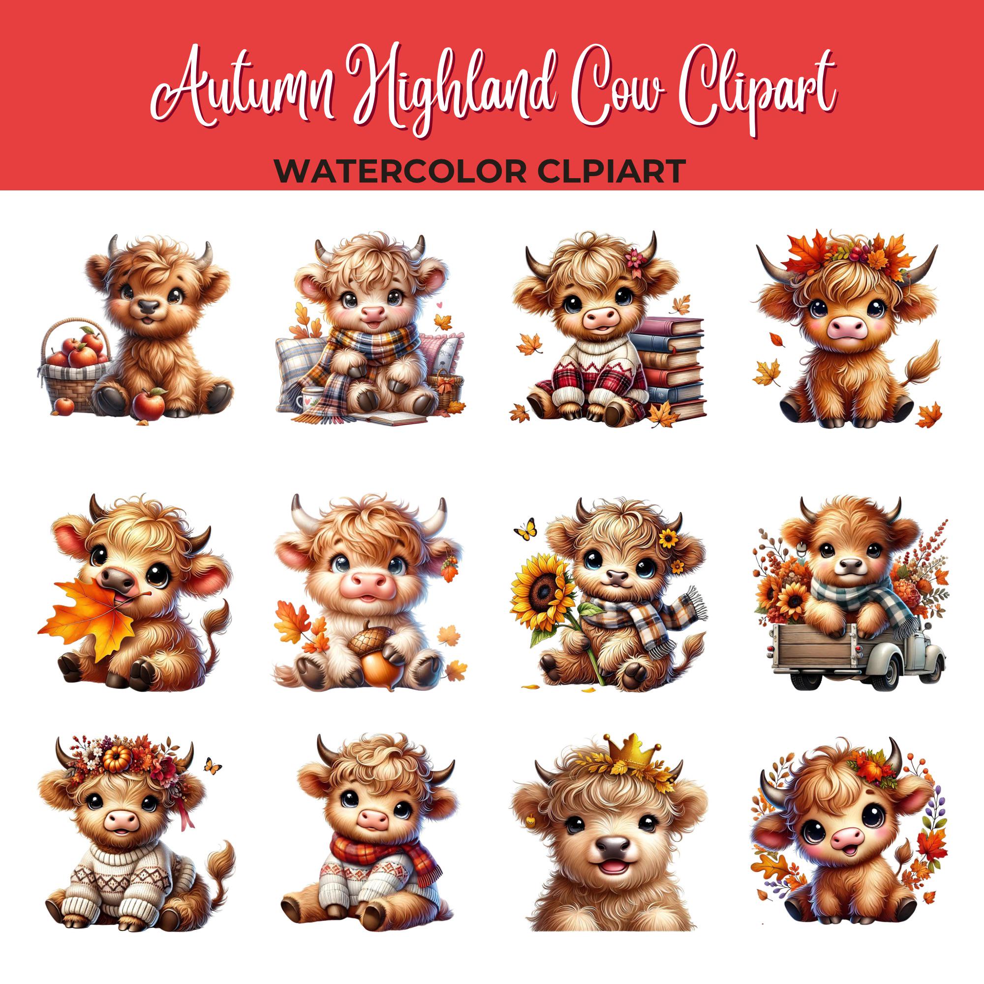 Watercolor Autumn Highland Cow Clipart, Cute Fall Highland Cow PNG ...