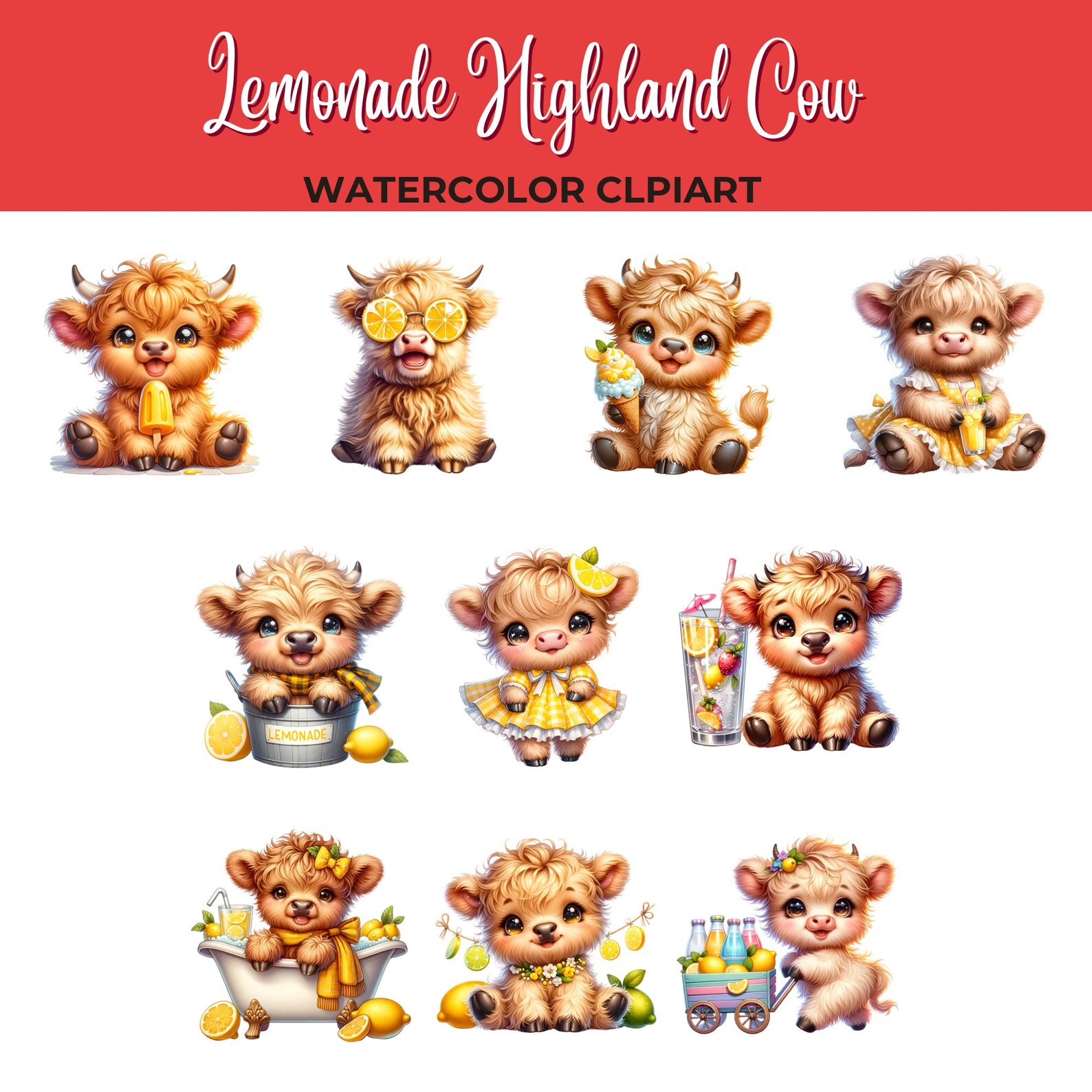 Watercolor Lemonade Highland Cow Clipart: Summer PNG (digital Download ...