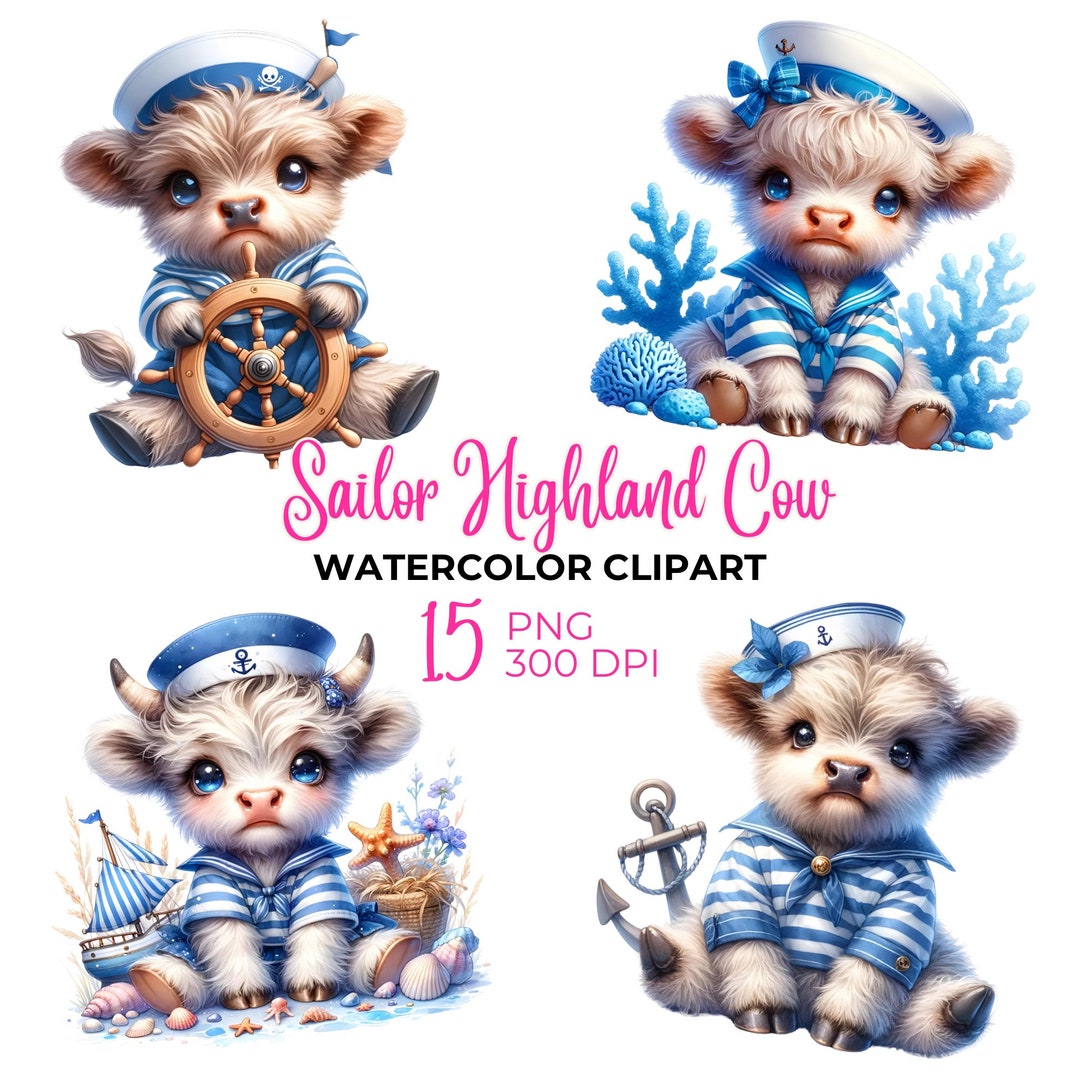 Watercolor Sailor Highland Cow Clipart, Nautical Highland Cow Clipart ...