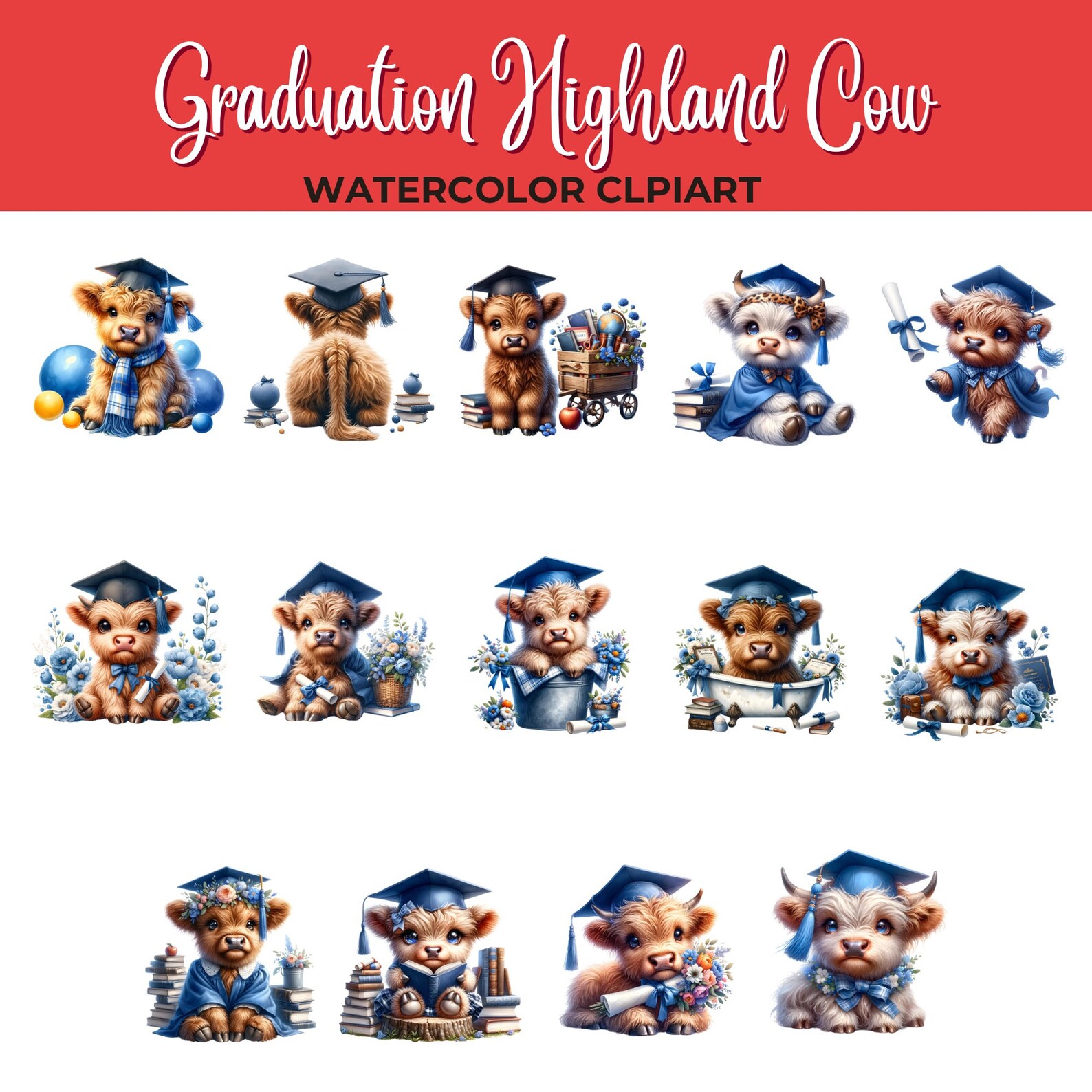 Watercolor Graduation Highland Cow Clipart, Highland Cow PNG, Preschool ...