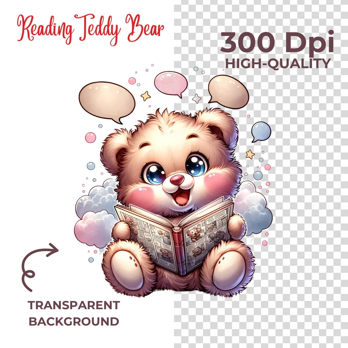 Watercolor Teddy Bear Reading Clipart, Teddy Bear PNG, World Book Day ...