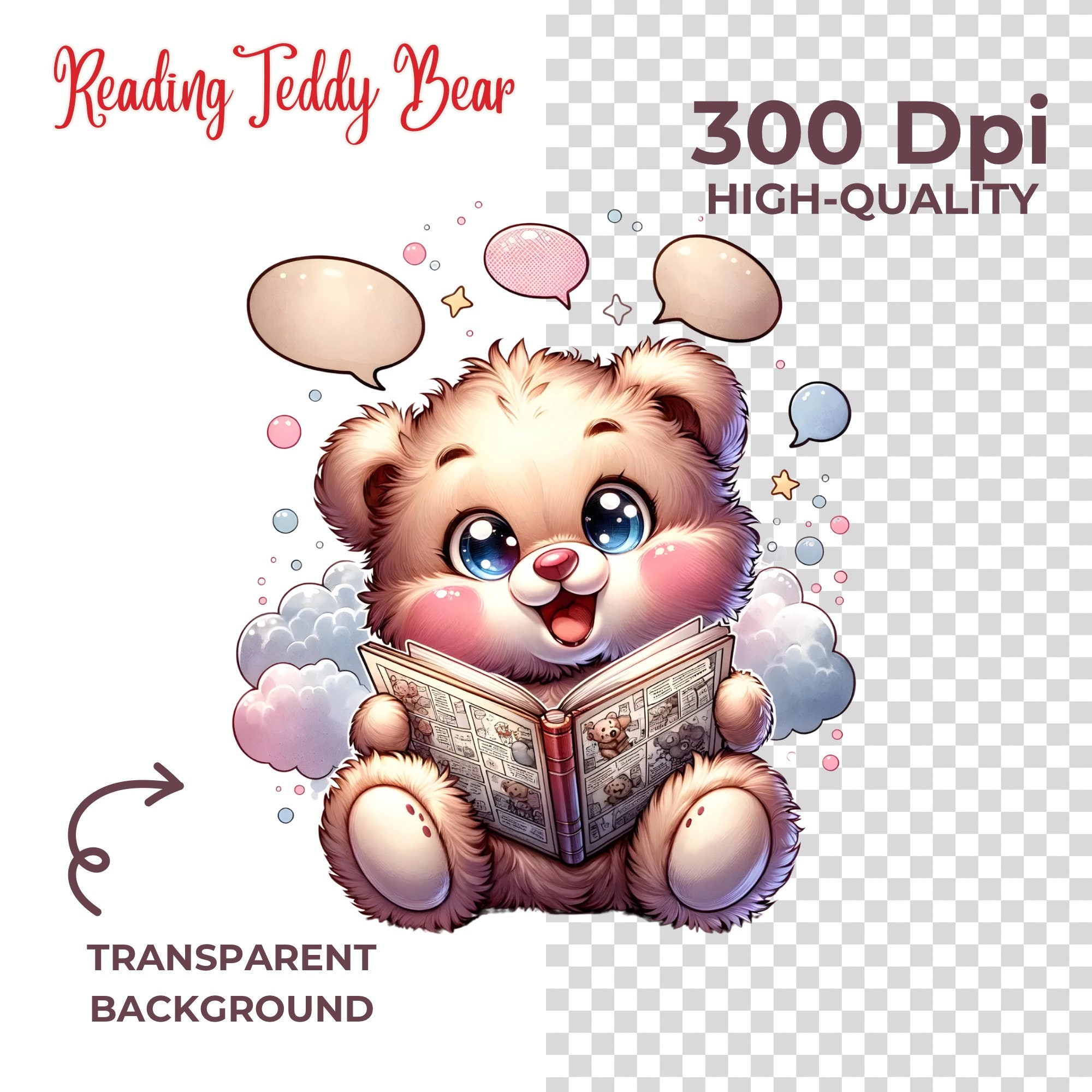Watercolor Teddy Bear Reading Clipart, Teddy Bear PNG, World Book Day ...