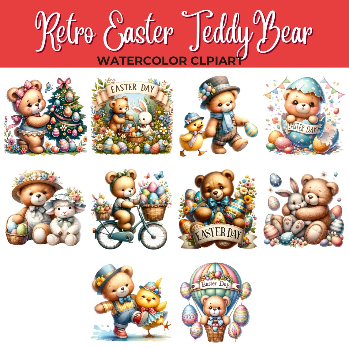 Watercolor Retro Easter Teddy Bear Clipart, Easter PNG, Easter Basket ...