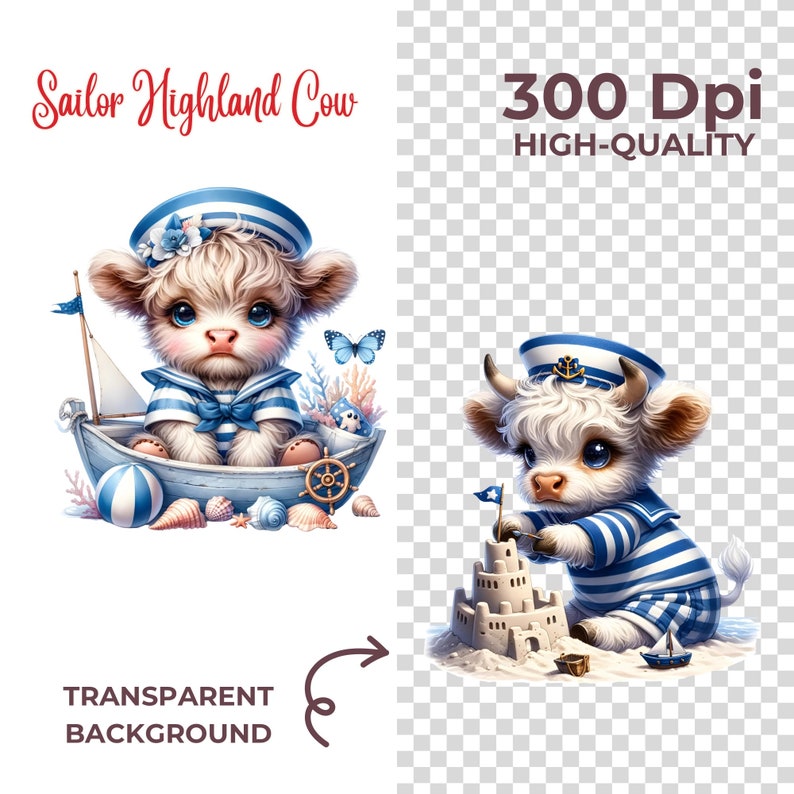 Watercolor Sailor Highland Cow Clipart, Nautical Highland Cow Clipart ...