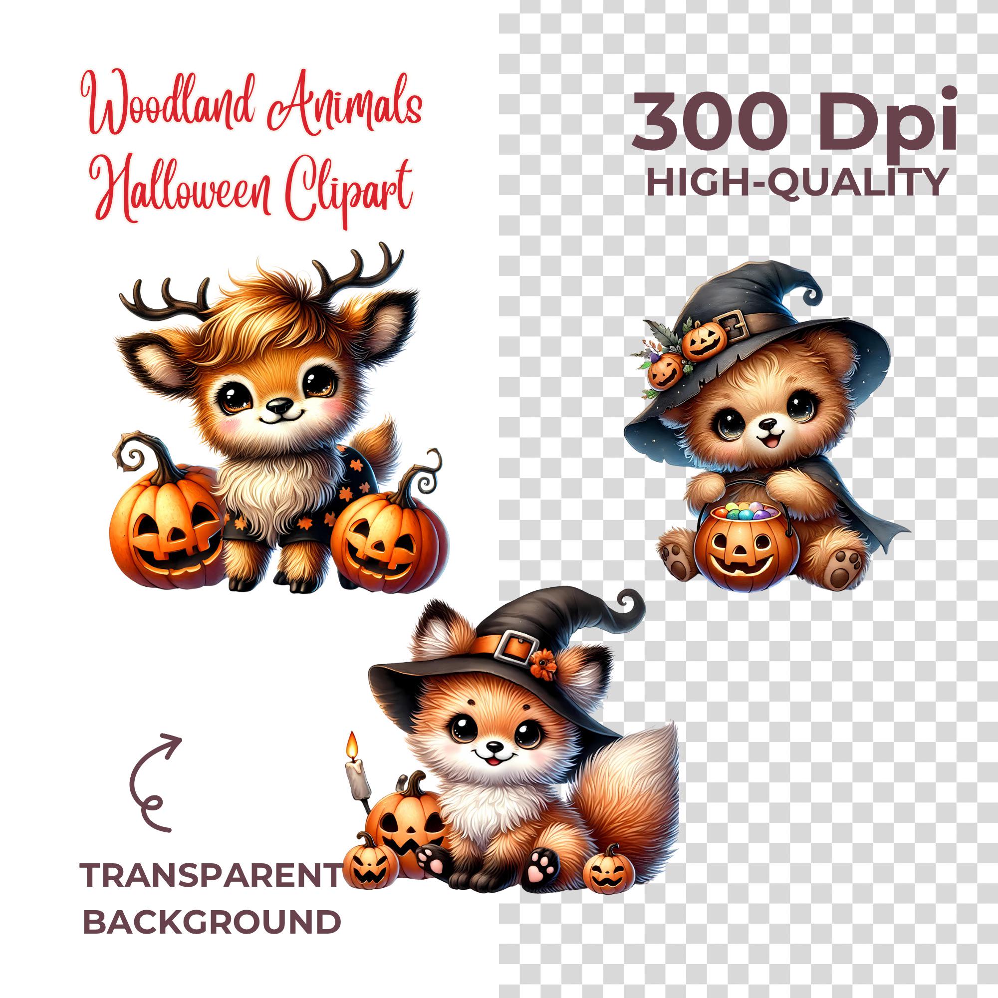 Watercolor Halloween Animals Clipart: Spooky Woodland PNG (commercial ...