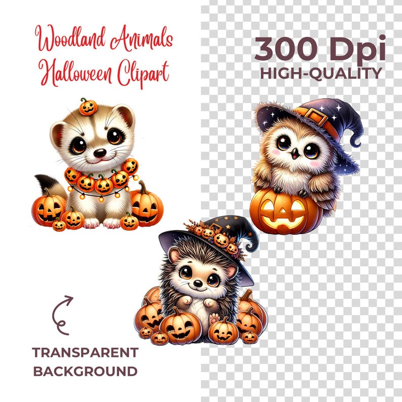 Watercolor Halloween Animals Clipart: Spooky Woodland PNG (commercial ...