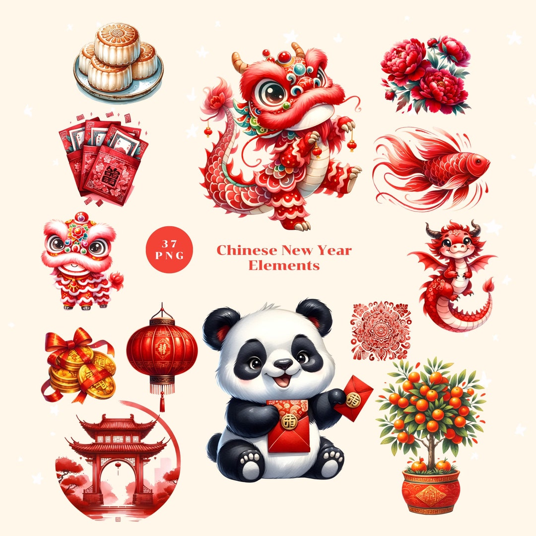 Chinese New Year Watercolor Clipart, Lunar New Year, Cute Dragon ...