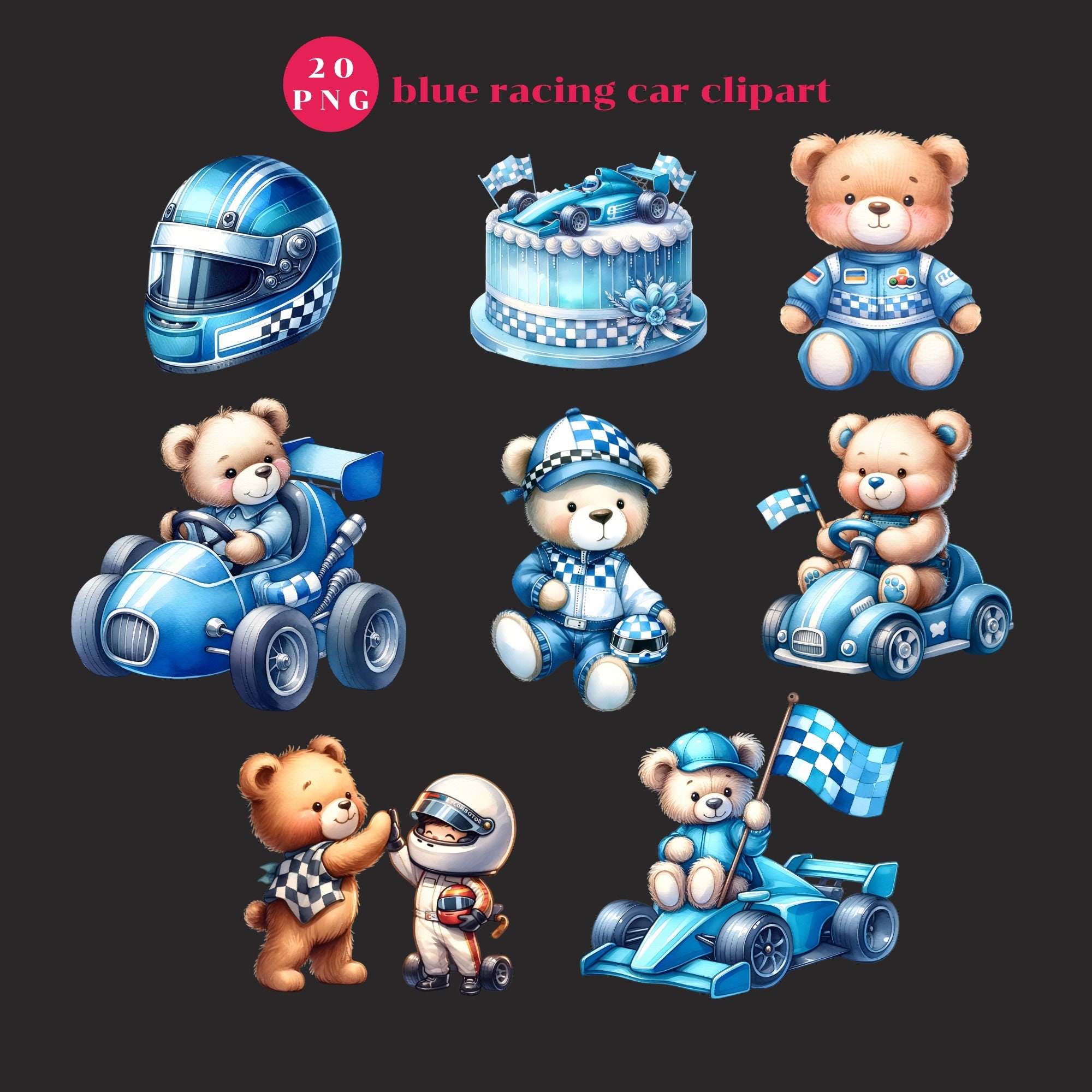 Blue Racing Bears Clipart: Watercolor Nursery PNG (digital Download) - Etsy