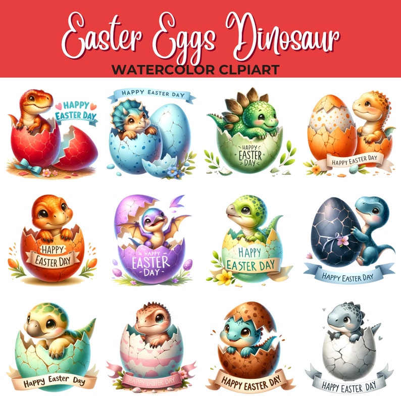 Watercolor Hatching Baby Dinosaur Clipart, Easter Dinosaur PNG, Nursery ...